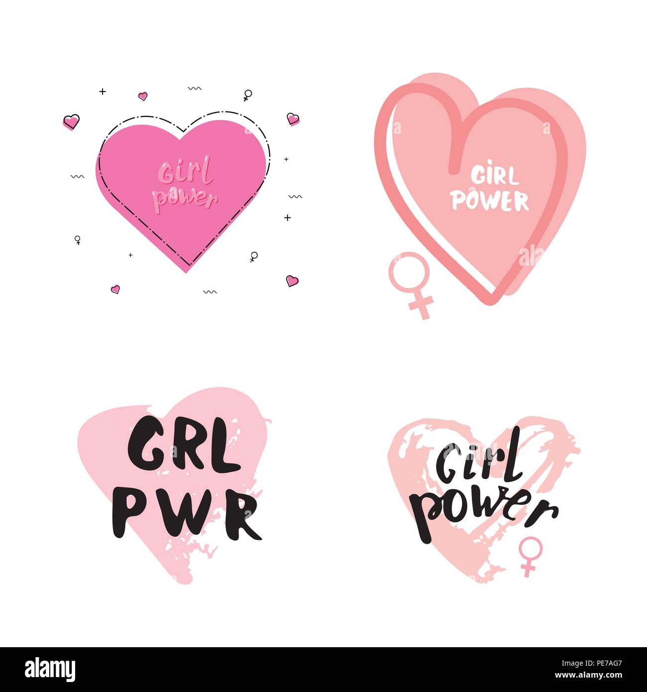 Set of Girl Power compositions with hearts. Vector illustration Stock ...