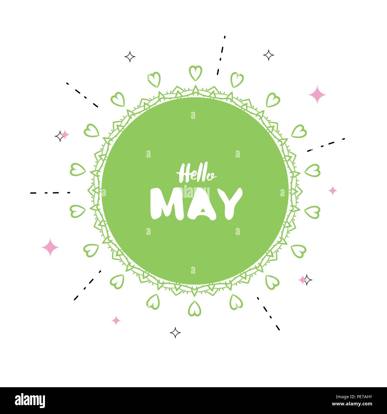 Hello May banner. Handwritten lettering. Round vintage card isolated on ...