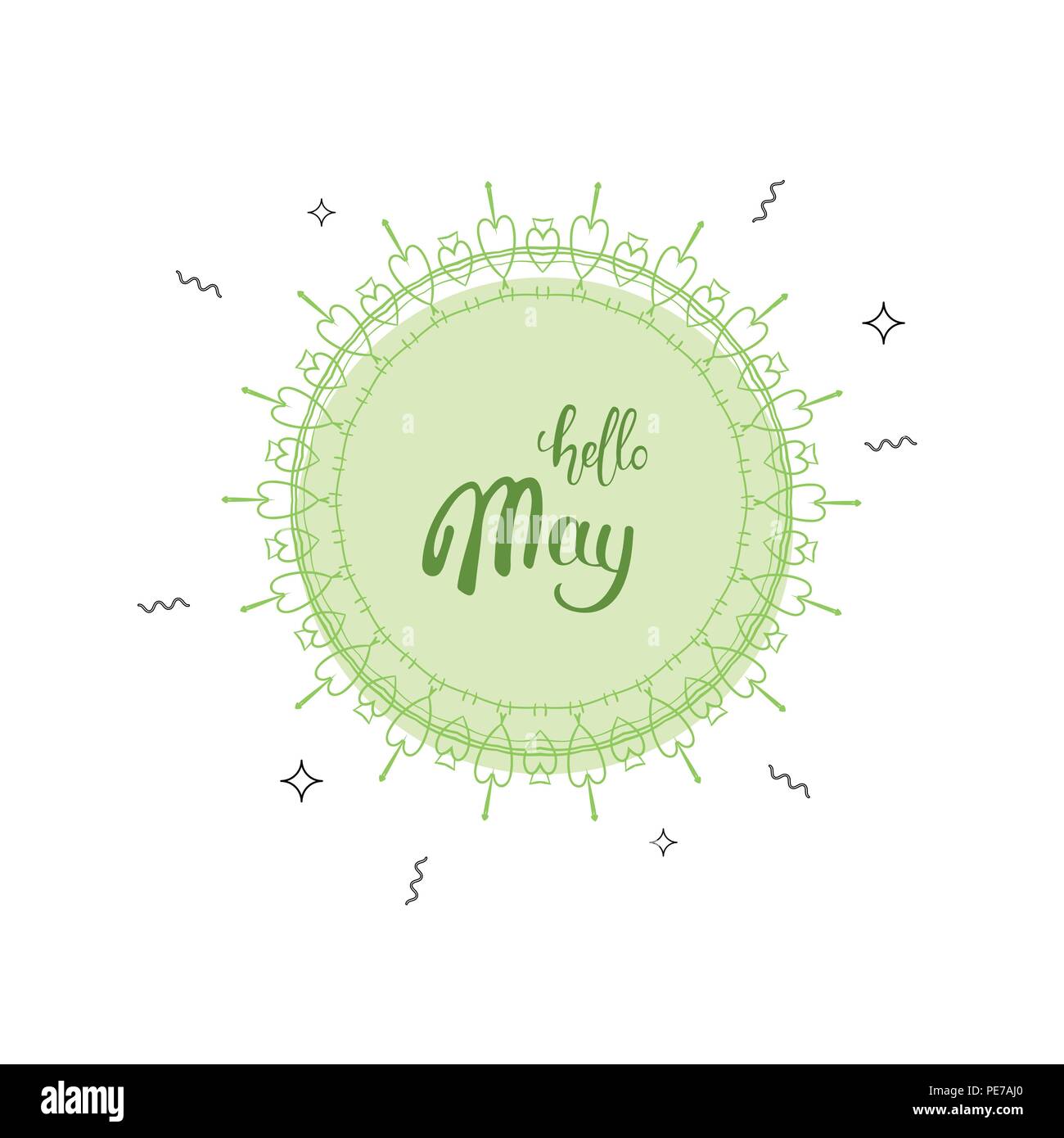 Hello May banner. Handwritten lettering. Round vintage card isolated on ...
