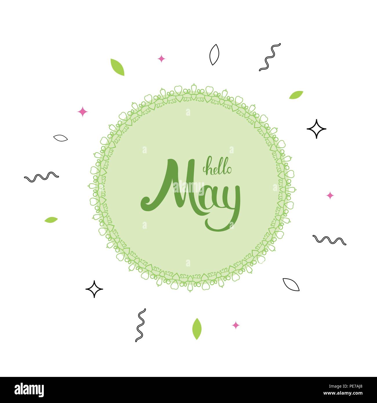 Hello May banner. Handwritten lettering. Round vintage card isolated on ...