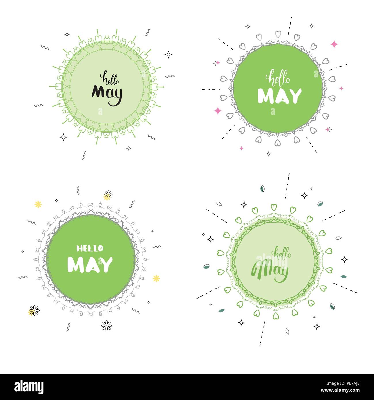 Set of Hello May round banners. Handwritten lettering. Vector ...