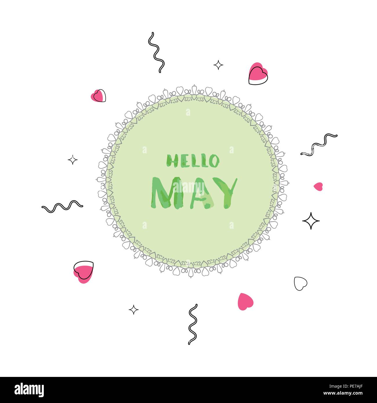 Hello May banner. Handwritten lettering. Round vintage card isolated on ...