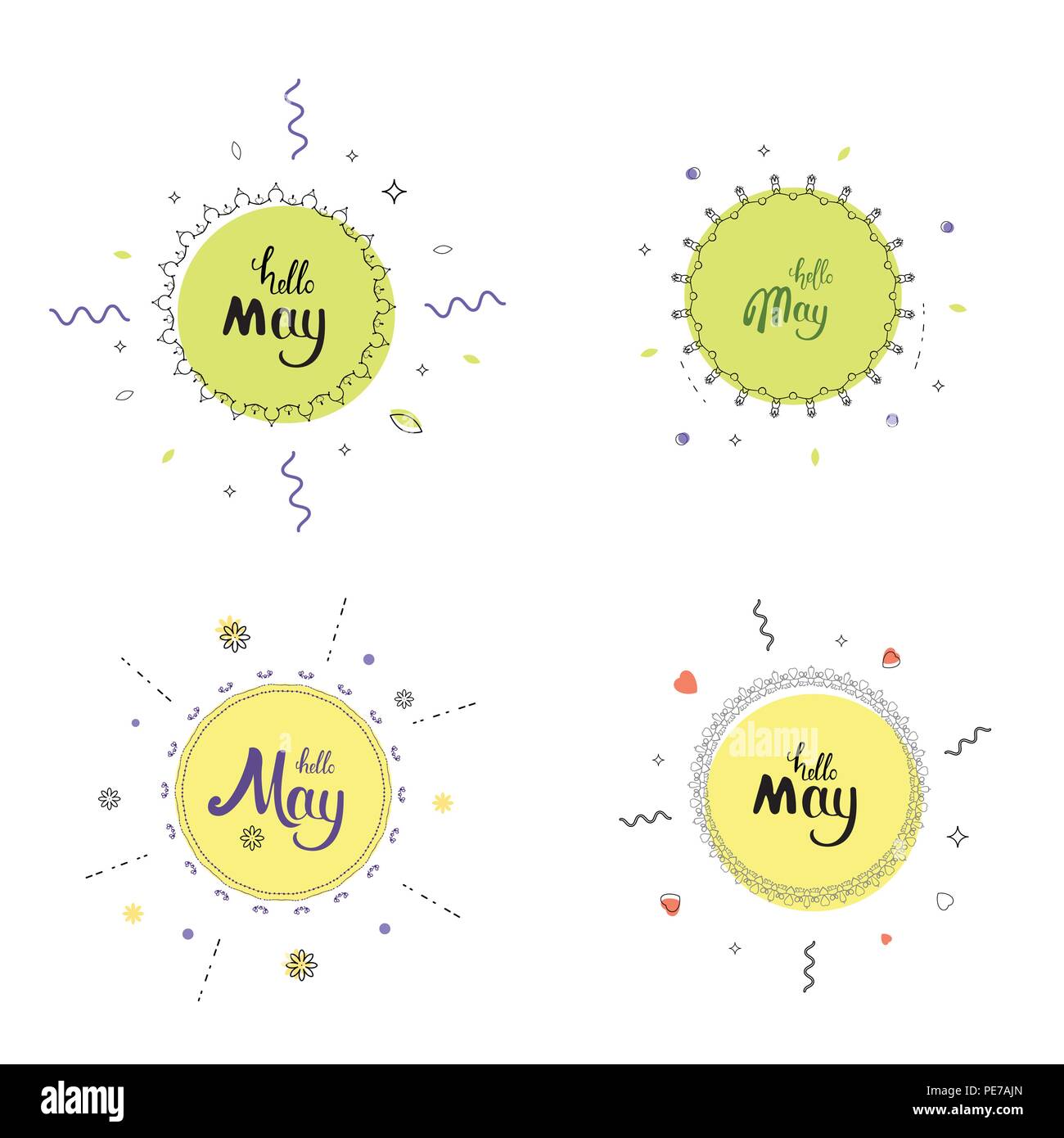 Set of Hello May round vintage banners. Handwritten lettering. Vector ...