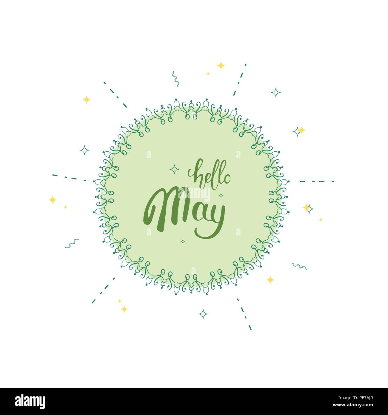 Hello May banner. Handwritten lettering. Round vintage card isolated on ...