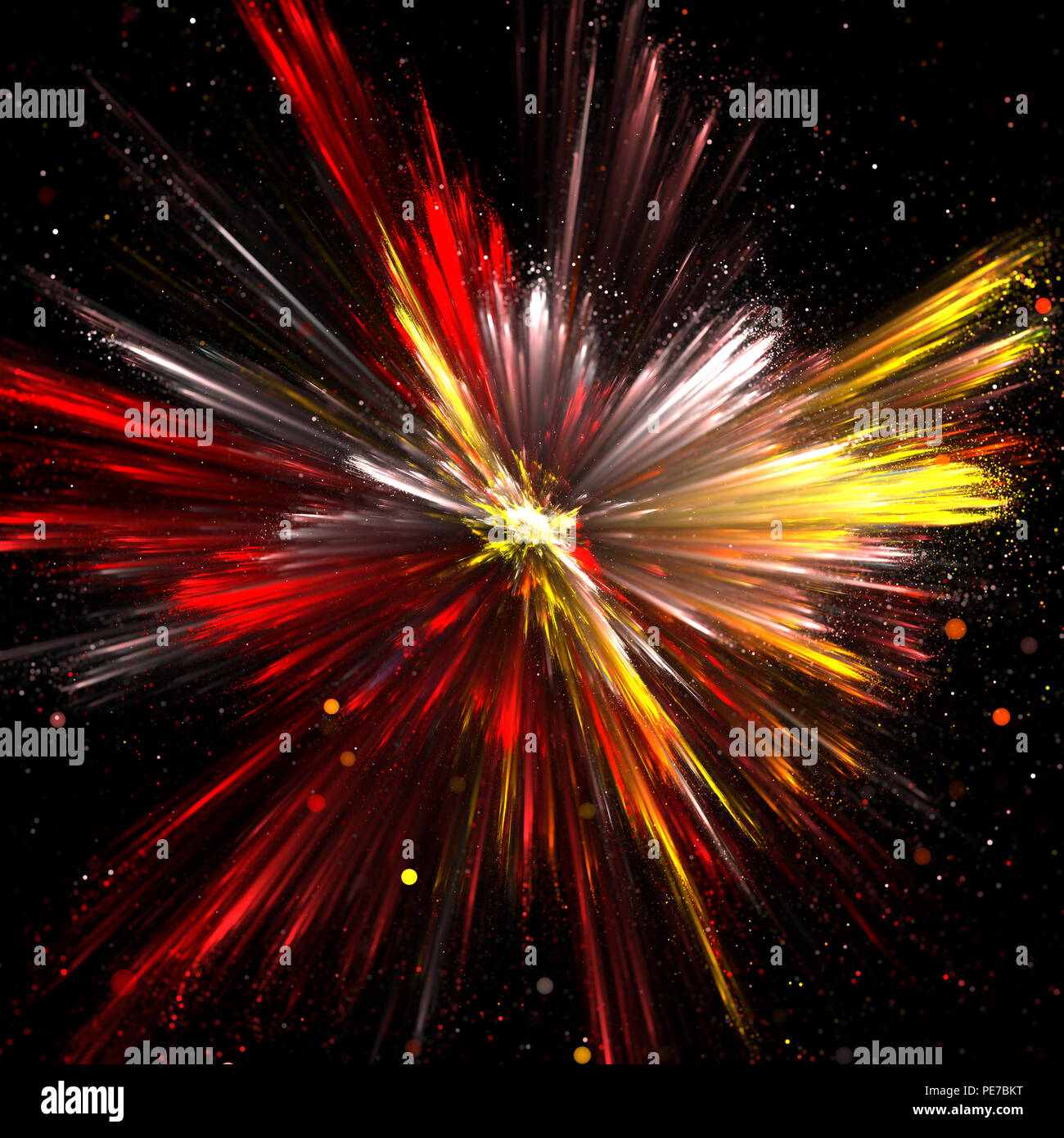 Explosion of yellow, red and white powder with depth of field Stock ...