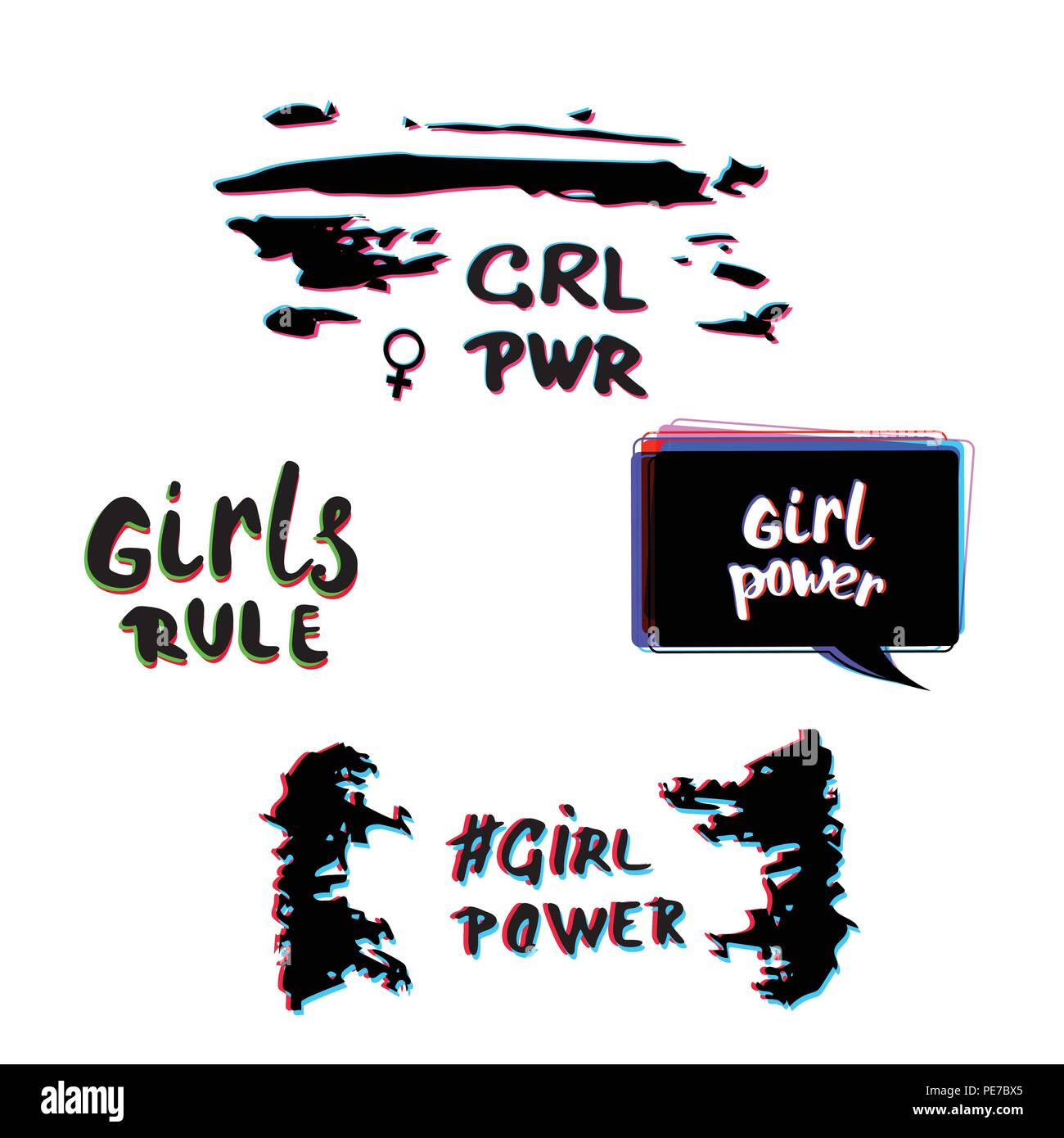 Girl power quotes set with glitch effect. Vector illustration Stock ...