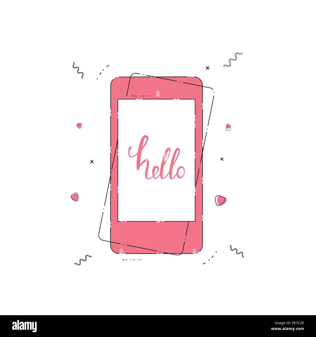 Hello banner. Handwritten lettering with phone. Vector illustration ...