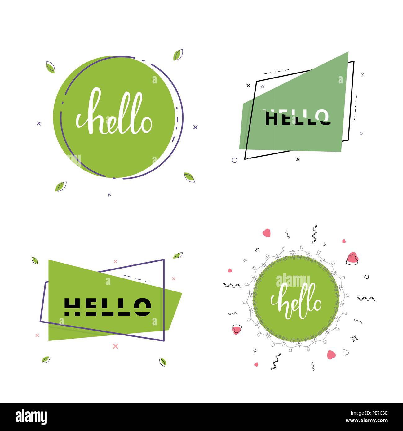 Set of Hello banners. Lettering with decoration. Vector illustration ...
