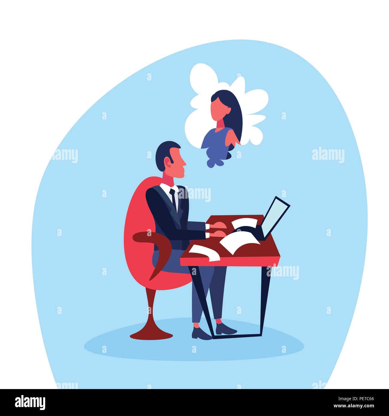 infatuated businessman sitting office workplace thinking woman dream ...