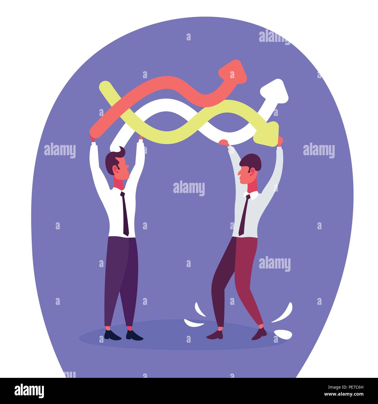 two businessmen holding curved colorful lines arrows business direction ...