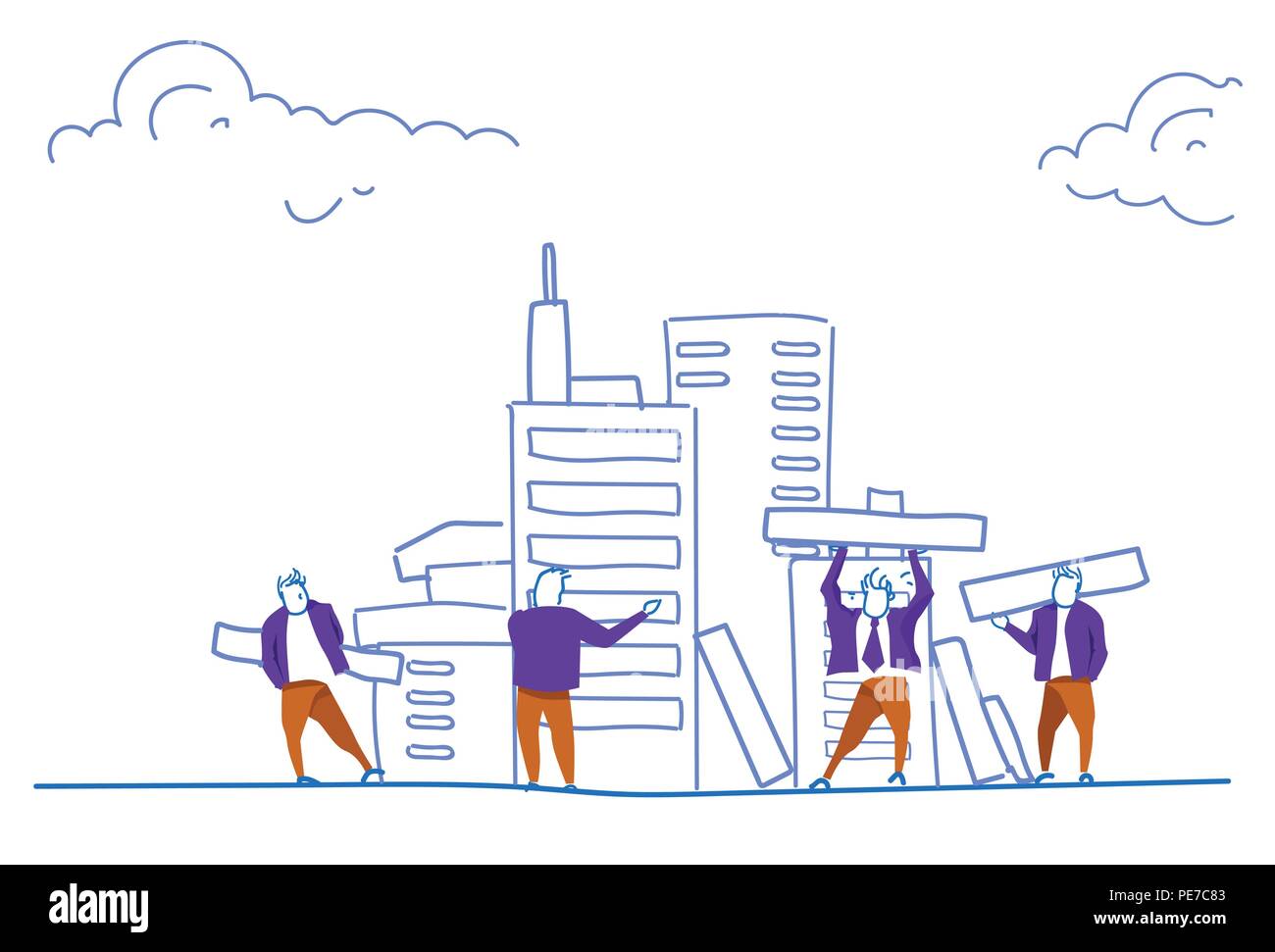 people group construction house skyscraper workers team building process teamwork concept ...