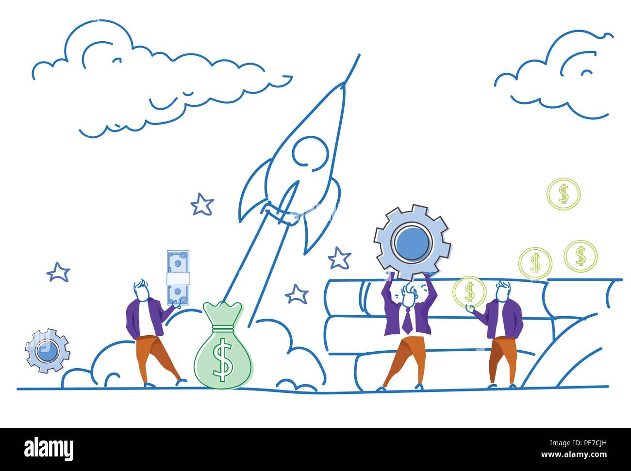 business people launching rocket innovation team project successful ...