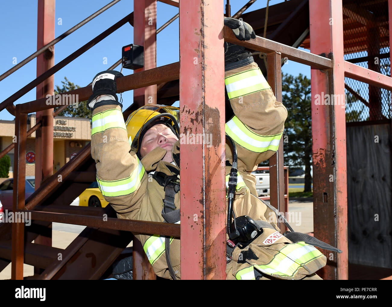Blake Dwyer, 97th Civil Engineer Squadron firefighter, practices ...