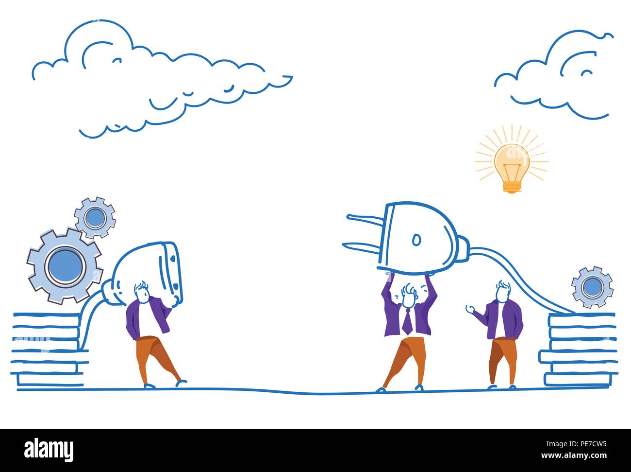 ready to connect business men inserting electrical plug in socket huge ...