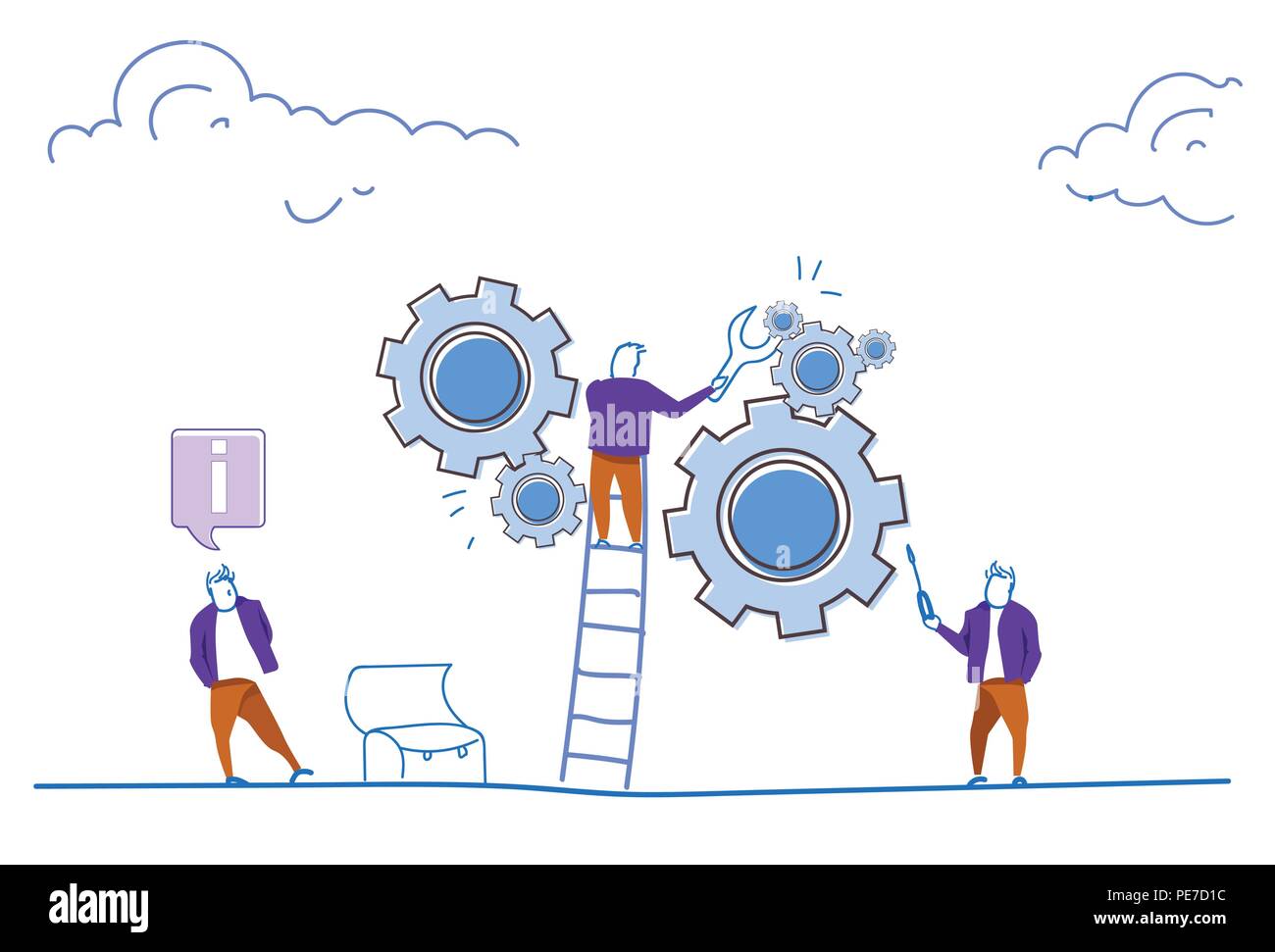 businessman climb ladder engineer wrench control gear wheel processing ...