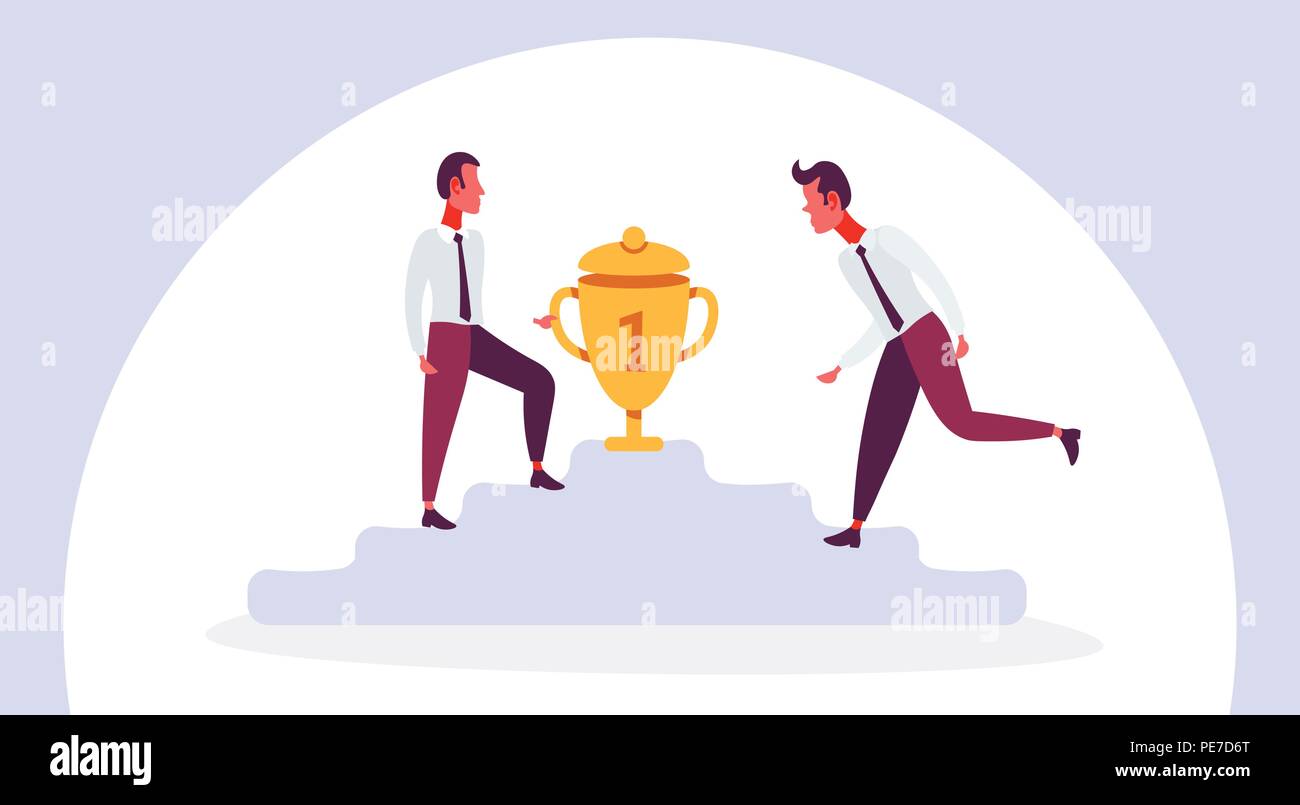 two businessmen climbing podium first place trophy winner concept ...