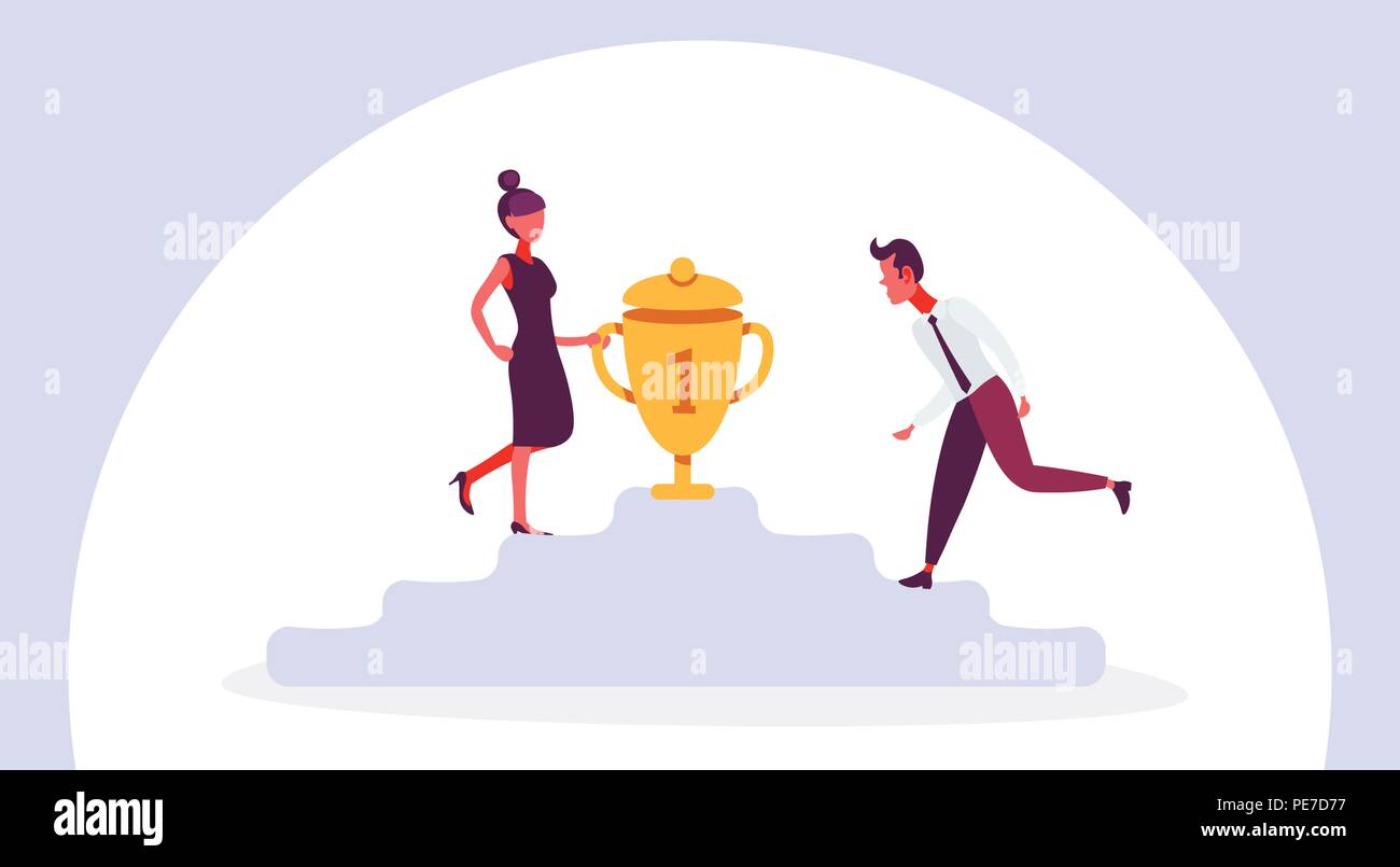 business man woman climbing podium first place trophy winner concept ...