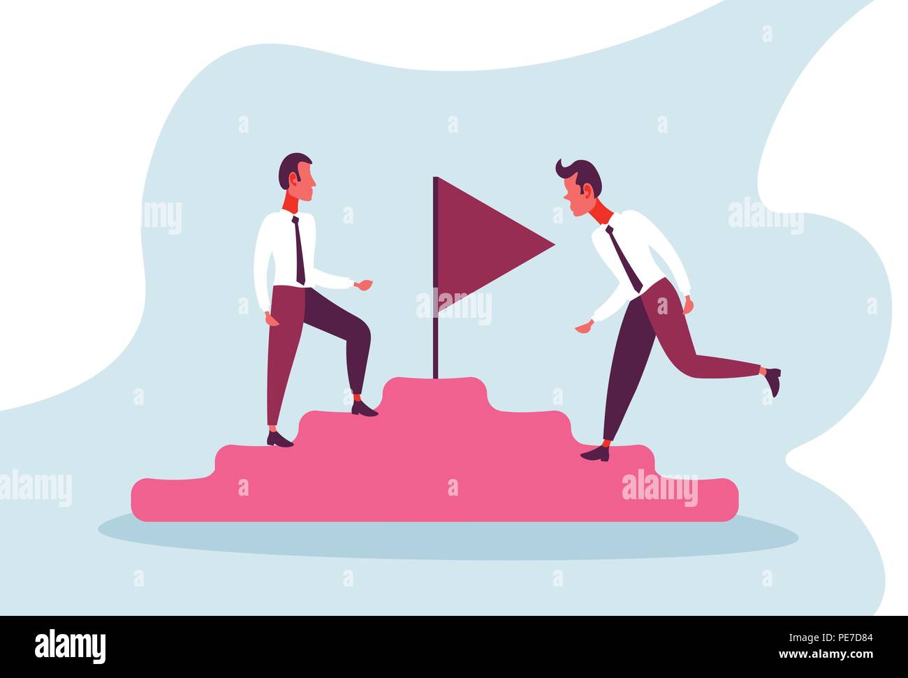 two businessmen climbing top podium flag successful leadership concept ...