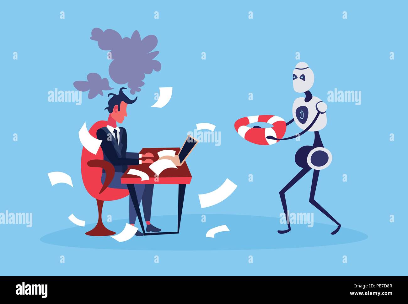 businessman hard working process robot hold lifebuoy bot helper ...