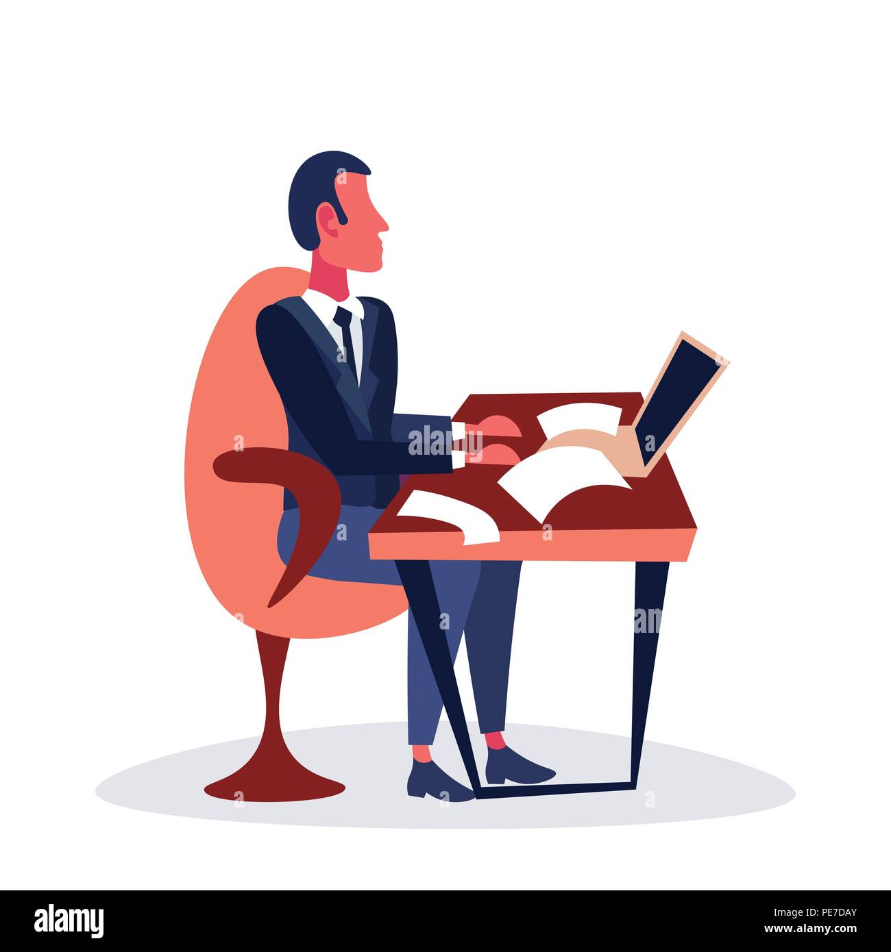 businessman sitting office workplace using laptop paper desktop concept ...