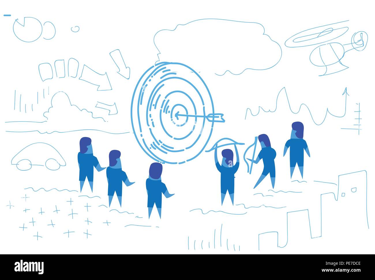 business people around arrow hitting target center of dartboard success ...