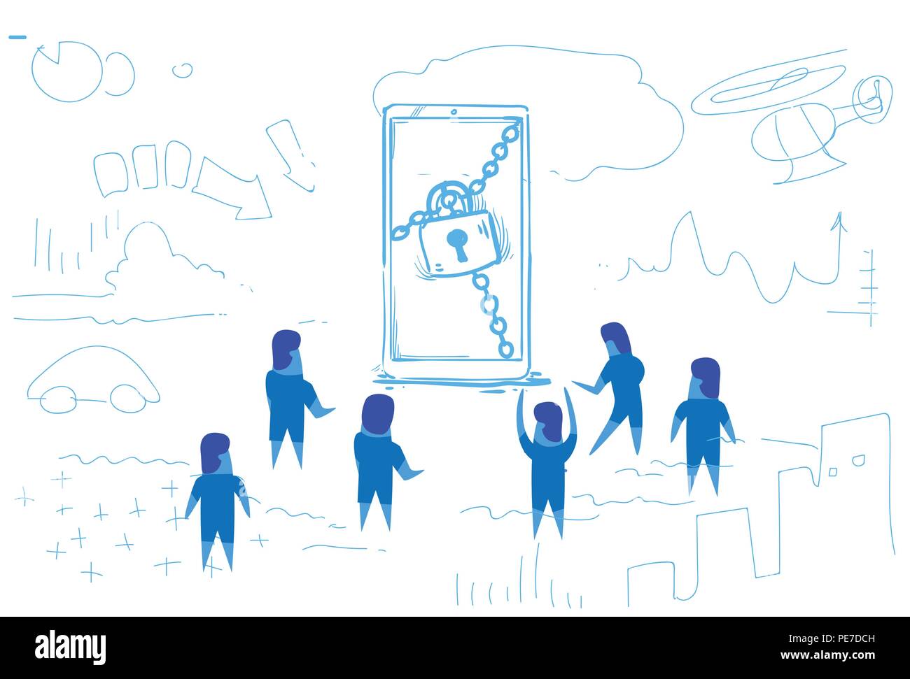 business people mobile database security padlock concept people group ...