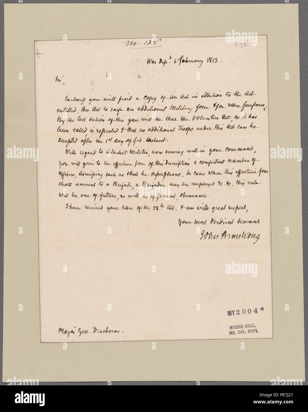 Armstrong, John. War Department. To Major General Dearborn Stock Photo ...
