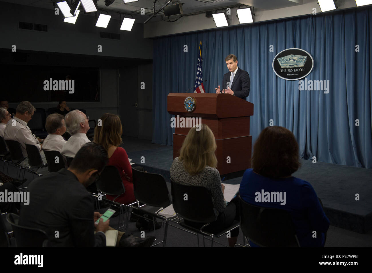 Pentagon Press Secretary Peter Cook conducts a press briefing with ...