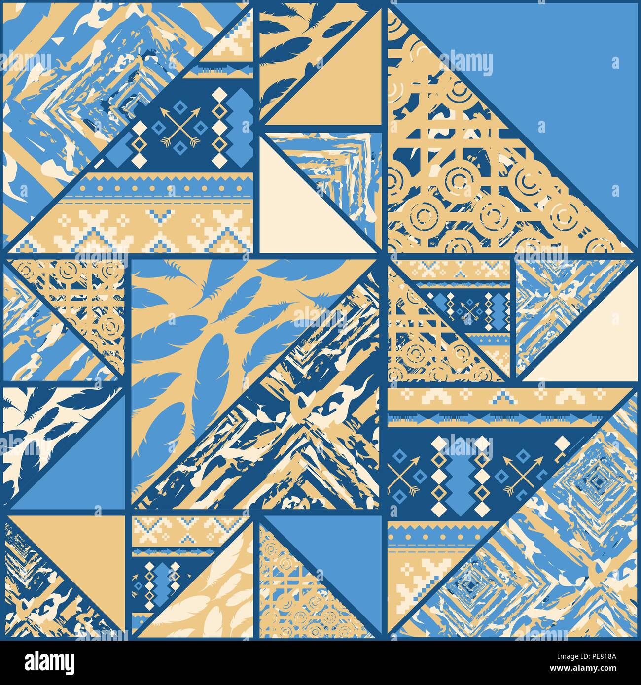 Seamless yellow and blue pattern background with triangles and feathers ...