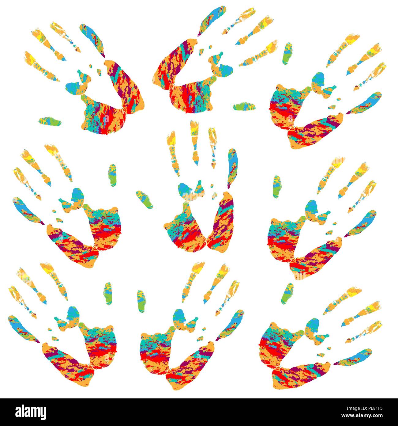 Grunge human hands different colors isolated on white background Stock ...