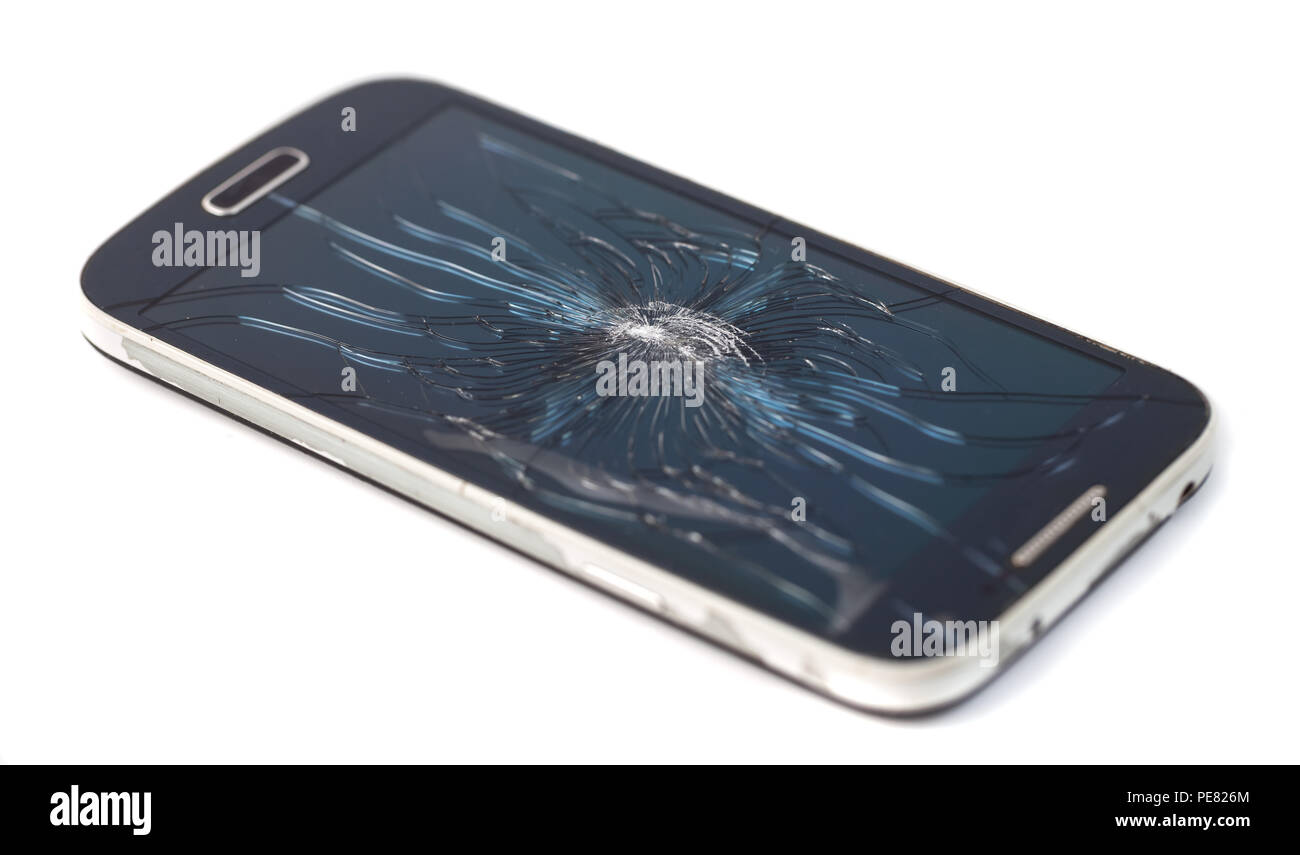 Mobile smartphone with broken screen isolated on white background ...