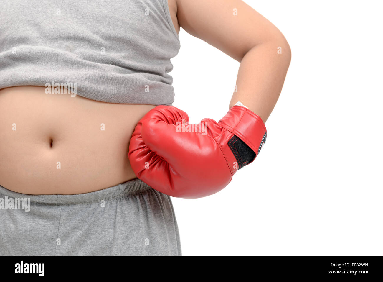 Obese fat boy wearing red boxing gloves isolated on white background ...