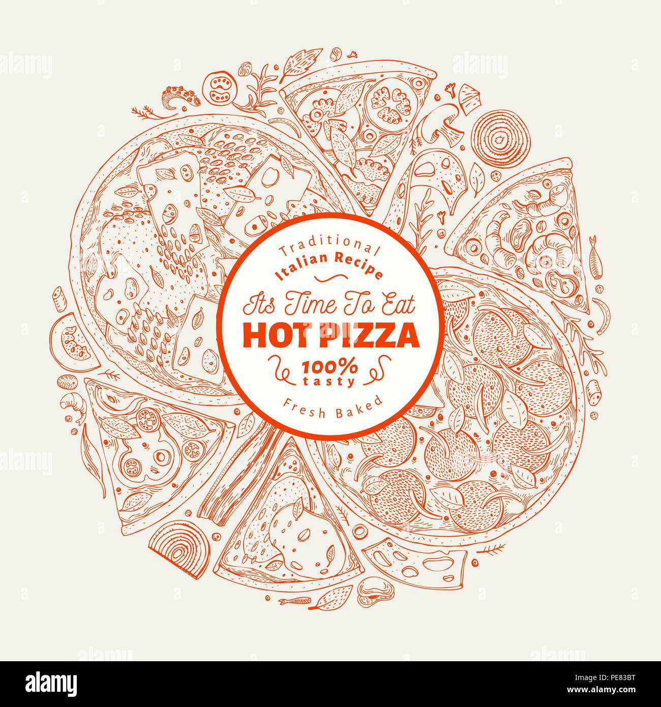 Pizza design template. Hand drawn vector fast food illustration. Sketch ...