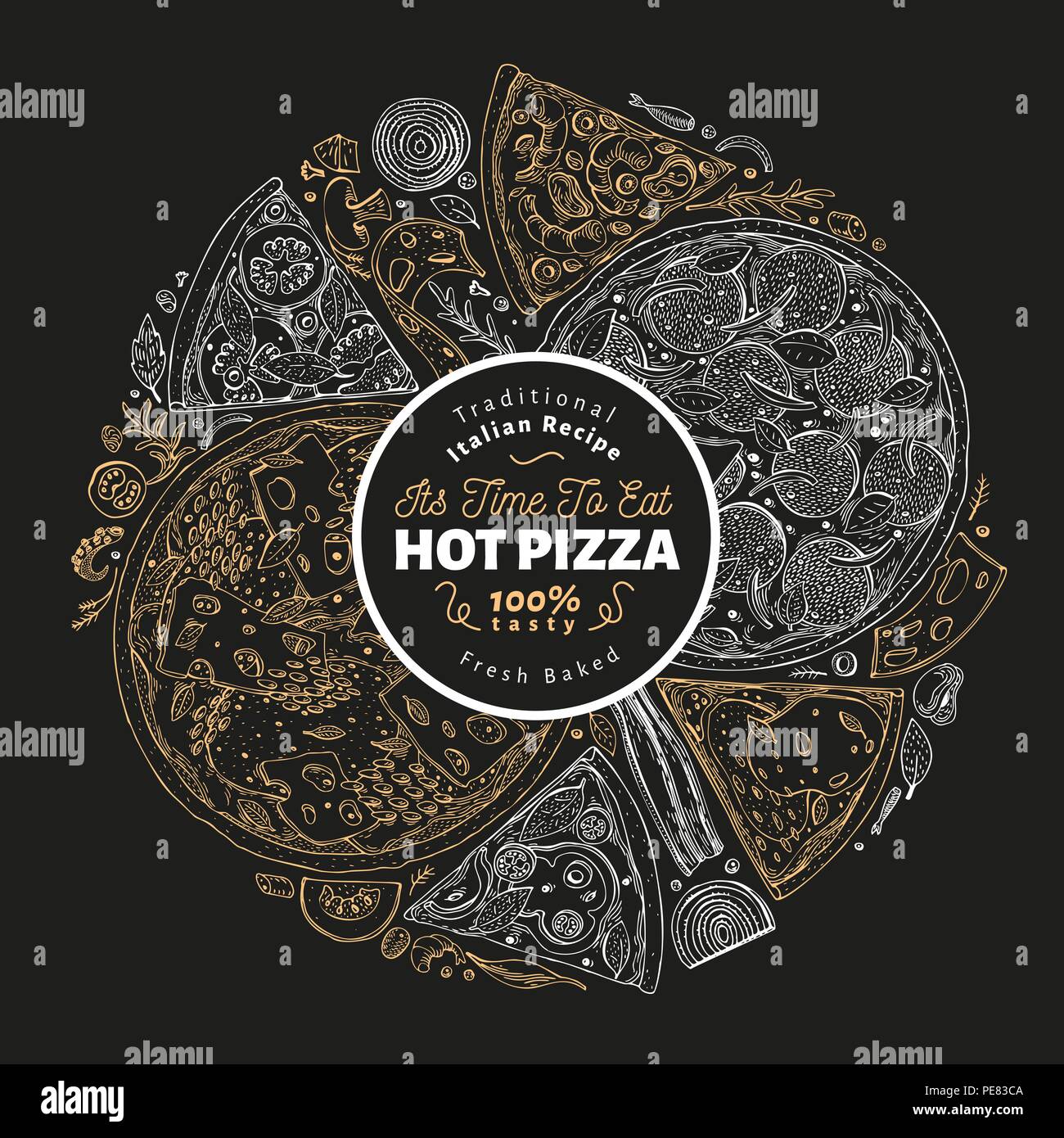 Pizza design template. Hand drawn vector fast food illustration on ...