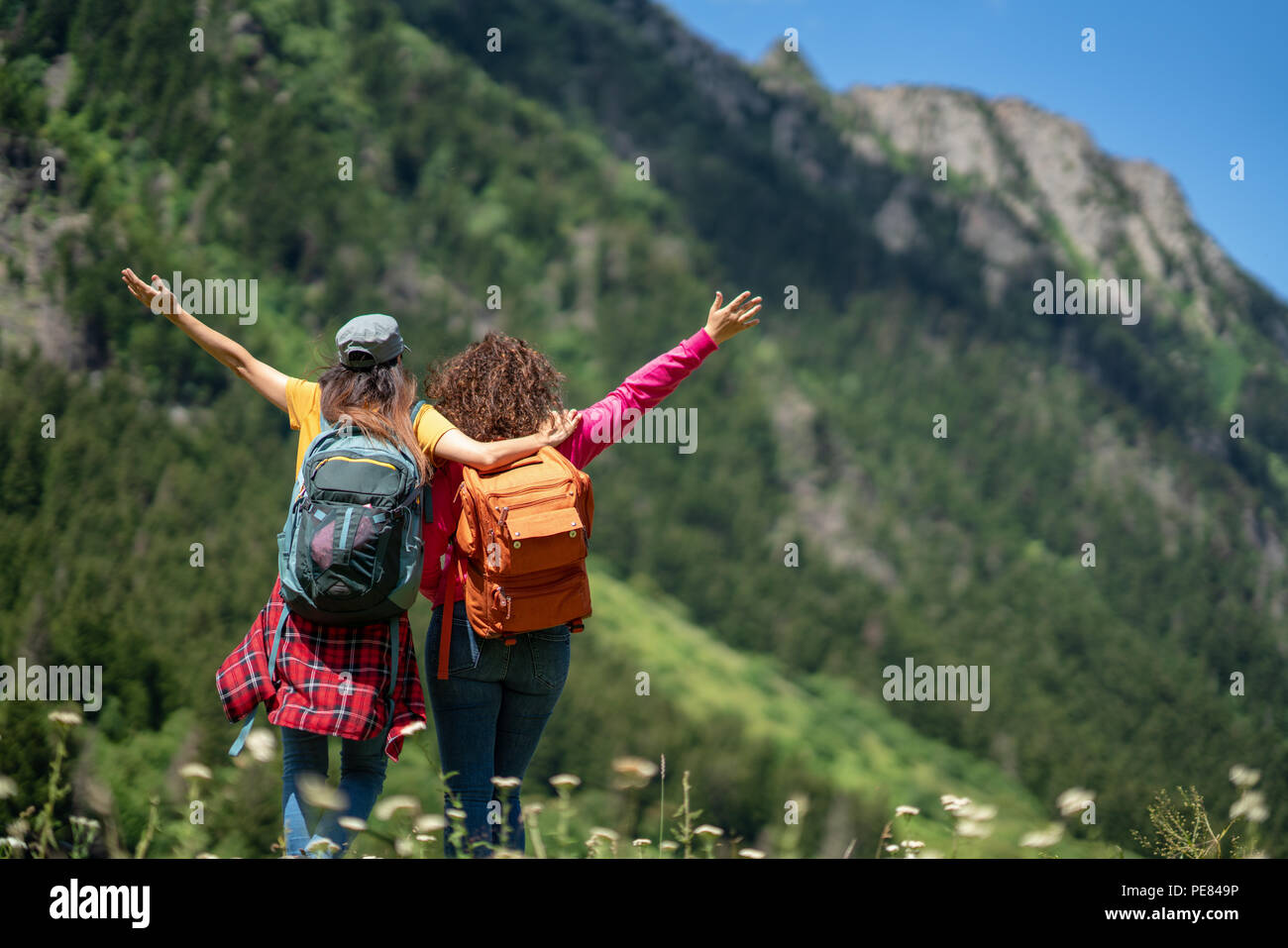 Backpacker Hiking Journey Travel concept with friends Stock Photo - Alamy