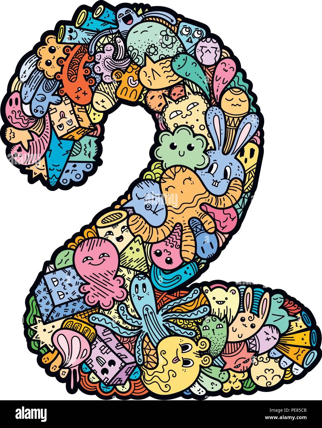 Number Two. Hand drawn doodled kids numbers. Cute monstred numbers ...