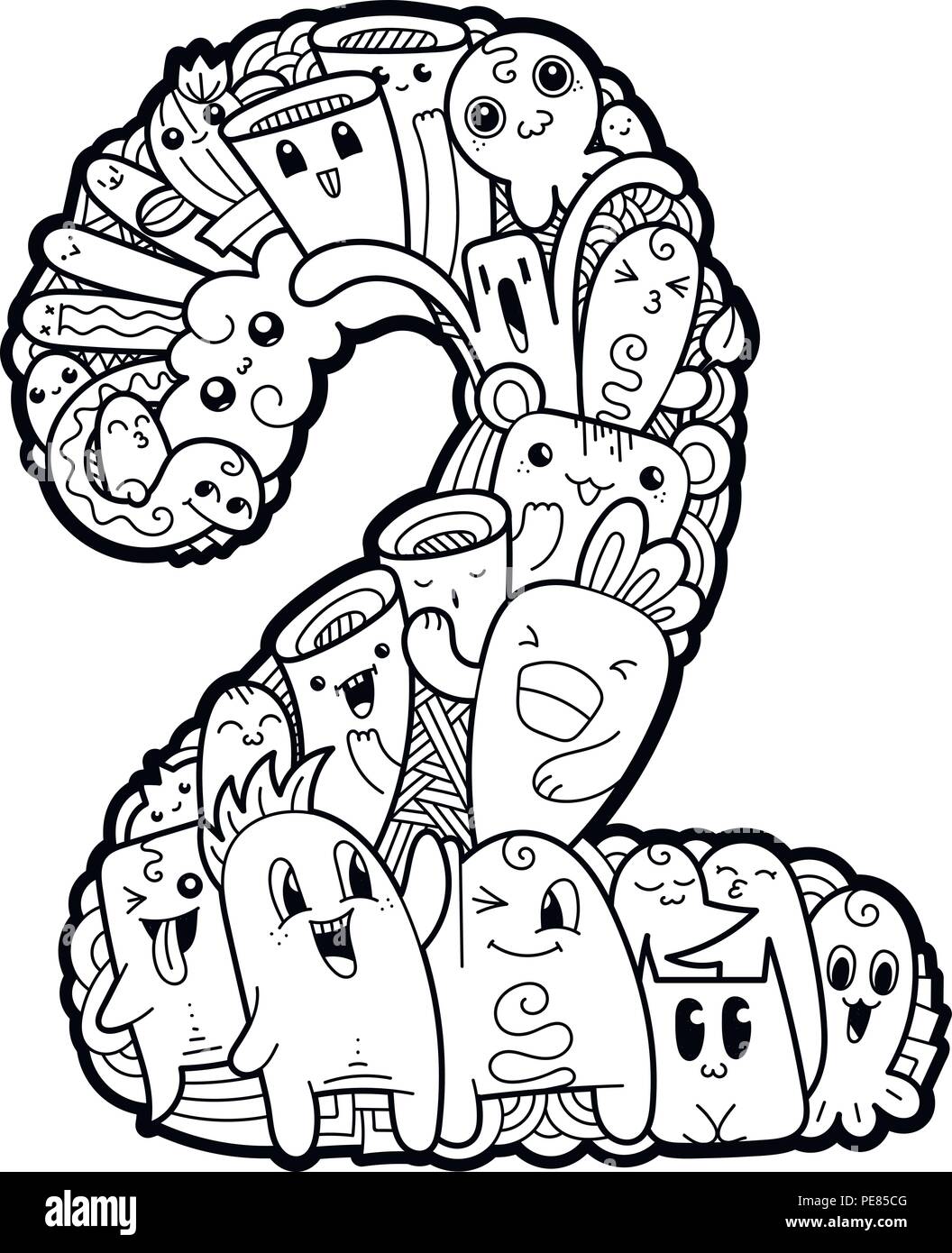 Number Two. Hand drawn doodled kids numbers. Cute monstred numbers ...