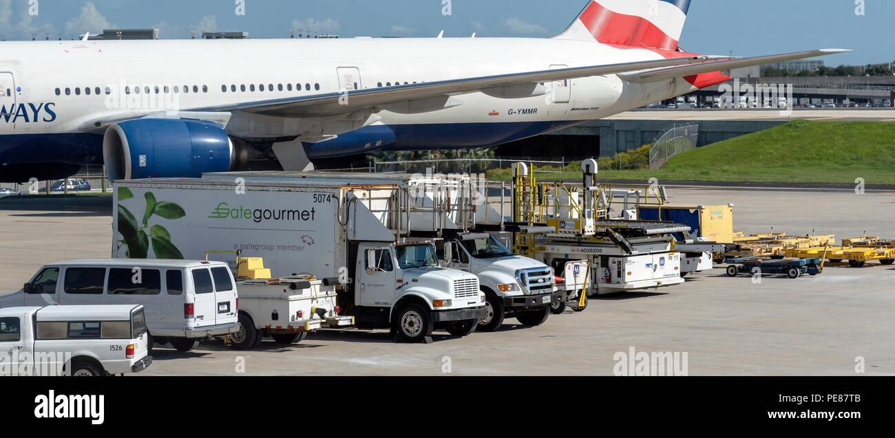 BA 777 aircraft approaching the stand. at Tampa International Airport ...