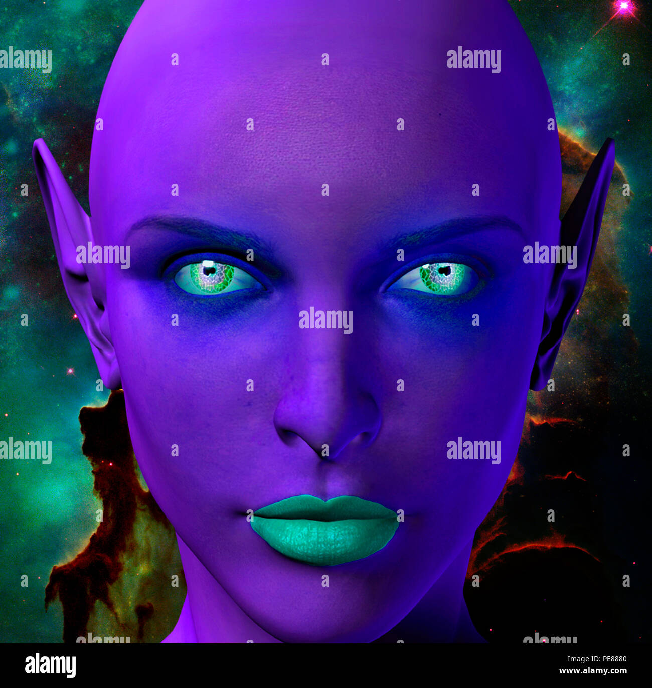 The face of female alien. Colorful universe on a background Stock Photo ...