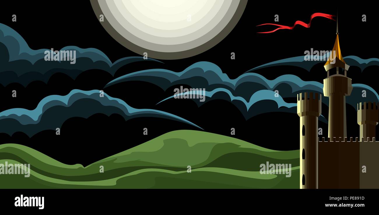 Midnight Landscape With Medieval Castle drawn in Cartoon Style. Vector ...