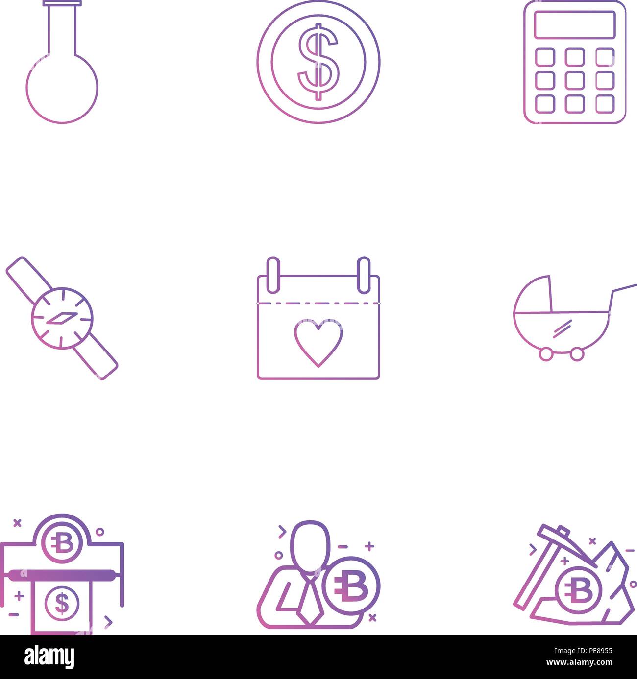 beaker, flask , coin , dollar , calculator , weatch , calender, pram ...