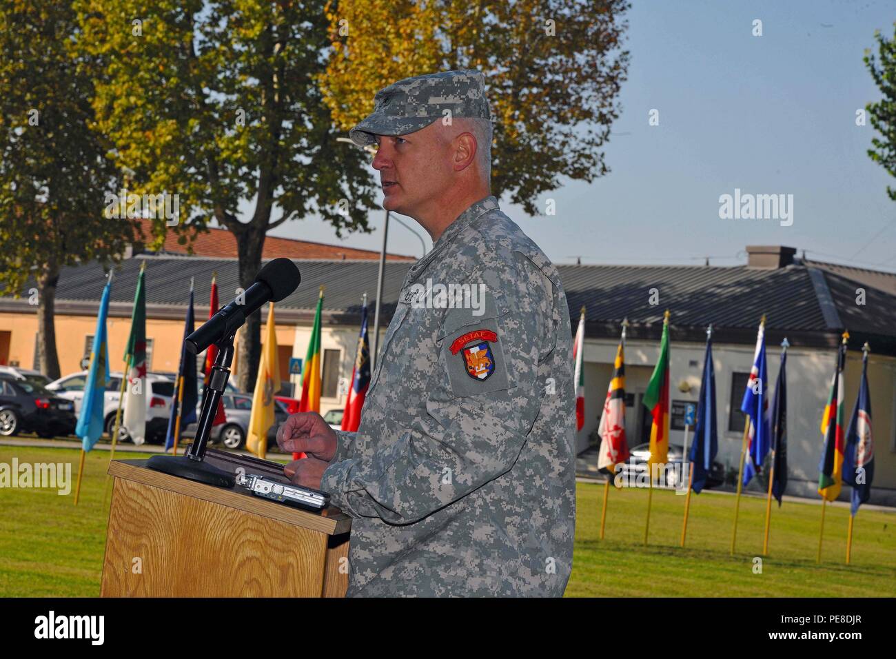 Brig. Gen. Jon A. Jensen, addresses the audience during a patch ...