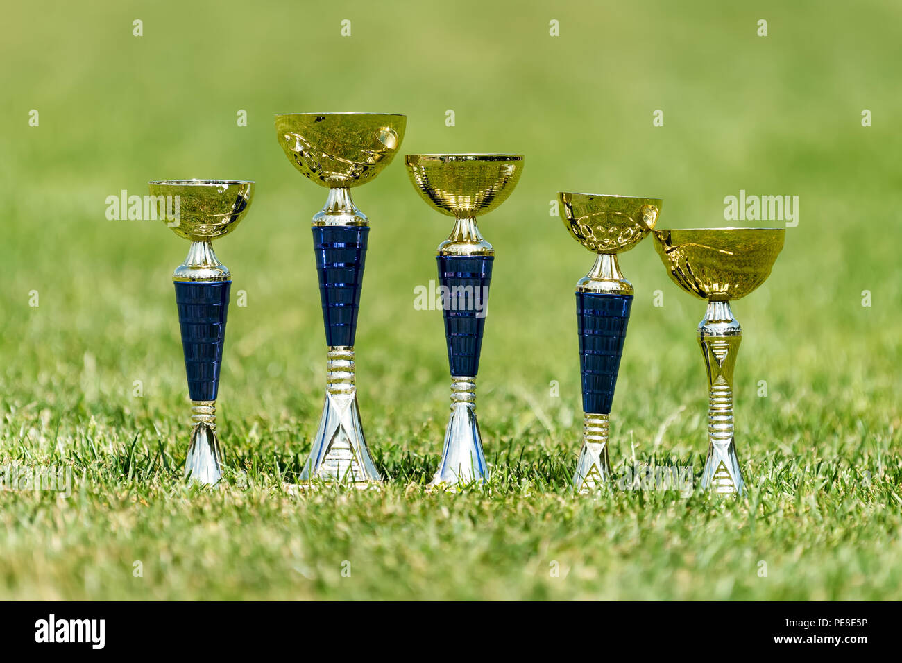 Close five golden trophy in green grass Stock Photo - Alamy