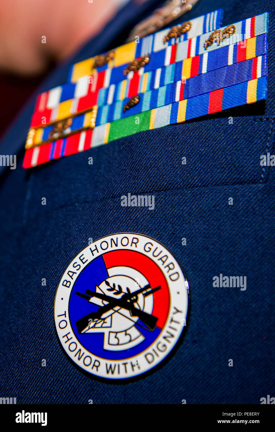 A base Honor Guard's badge is displayed on U.S. Air Force 1st Lt. Lewis ...