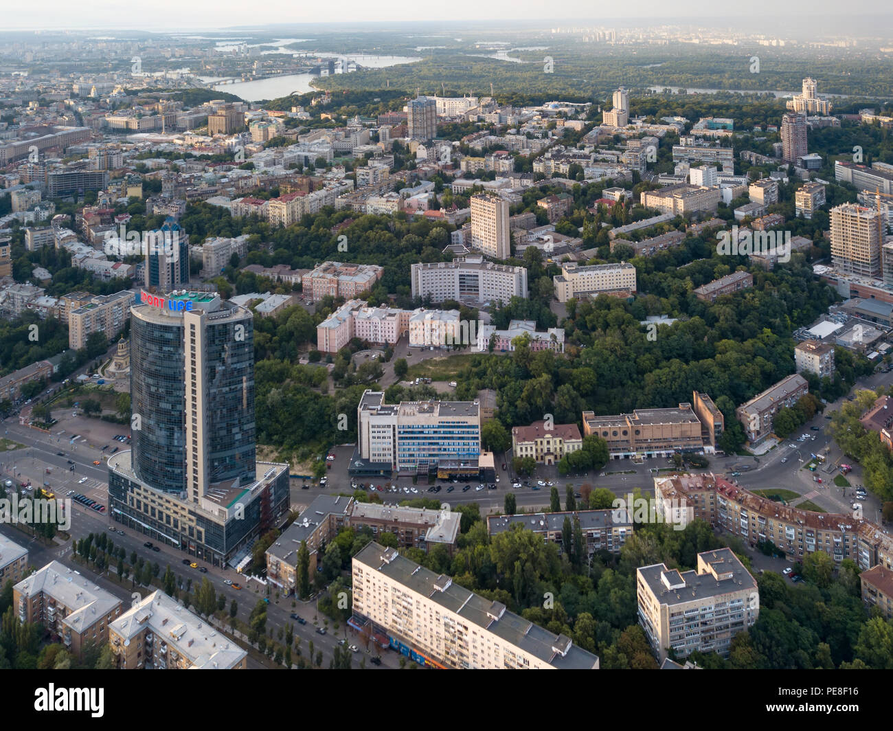 Aerial bird's eye view shooting from drone of central district of Kiev ...