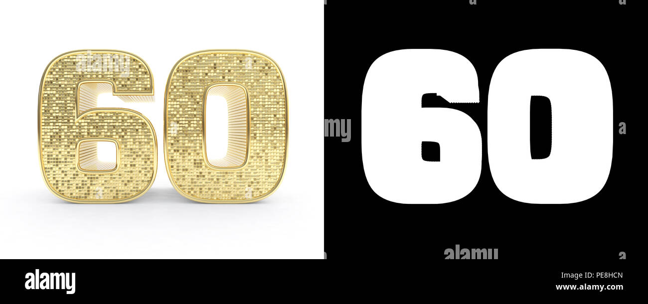 Golden number sixty (number 60) on white background with drop shadow ...