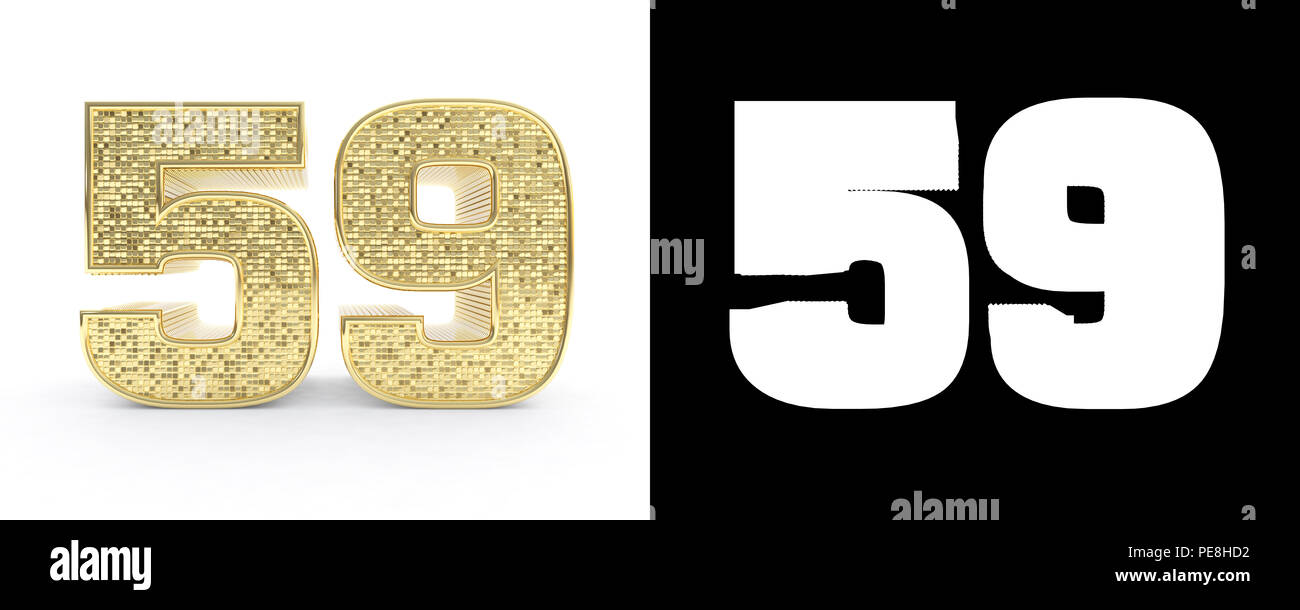 Golden number fifty nine (number 59) on white background with drop ...