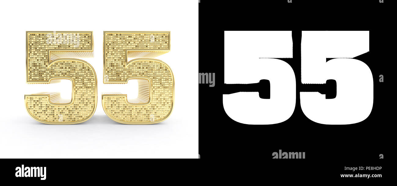 Golden number fifty five (number 55) on white background with drop ...