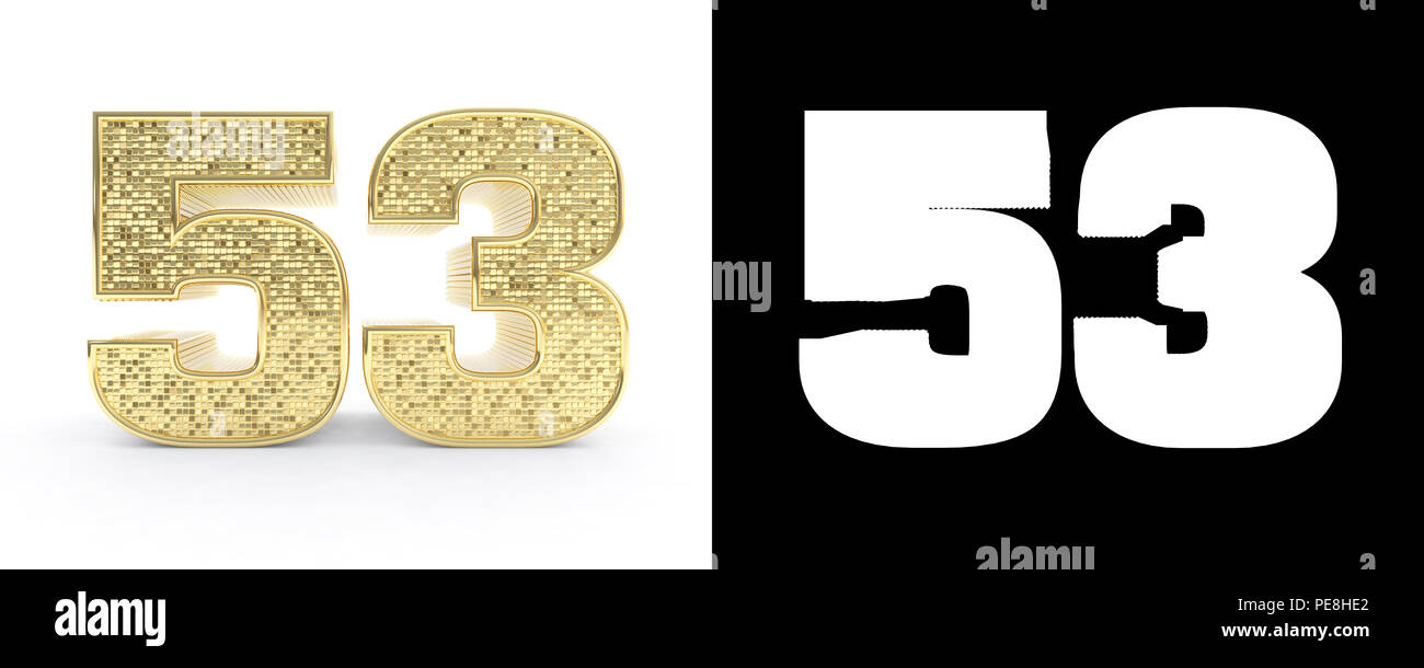Golden number fifty three (number 53) on white background with drop ...