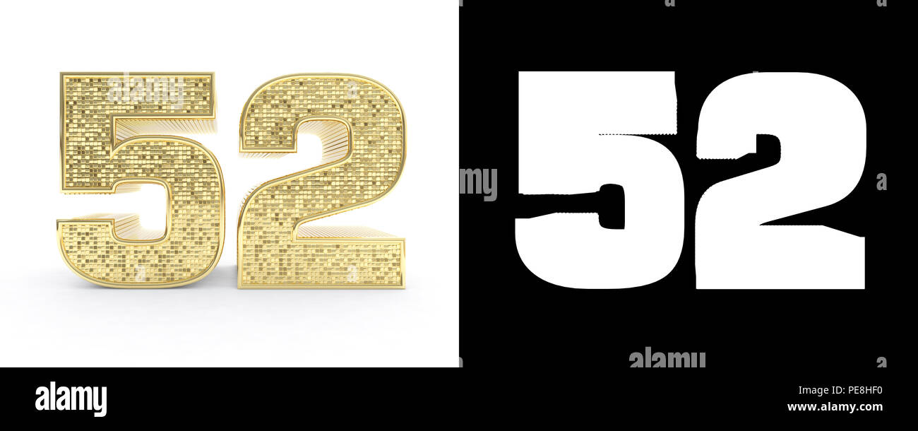 Golden number fifty two (number 52) on white background with drop ...